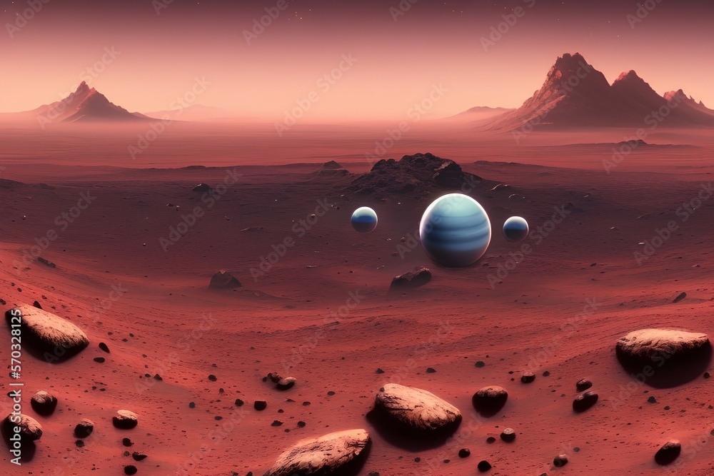 Mars surface landscape, alien planet background, Saturn on starry sky ...
