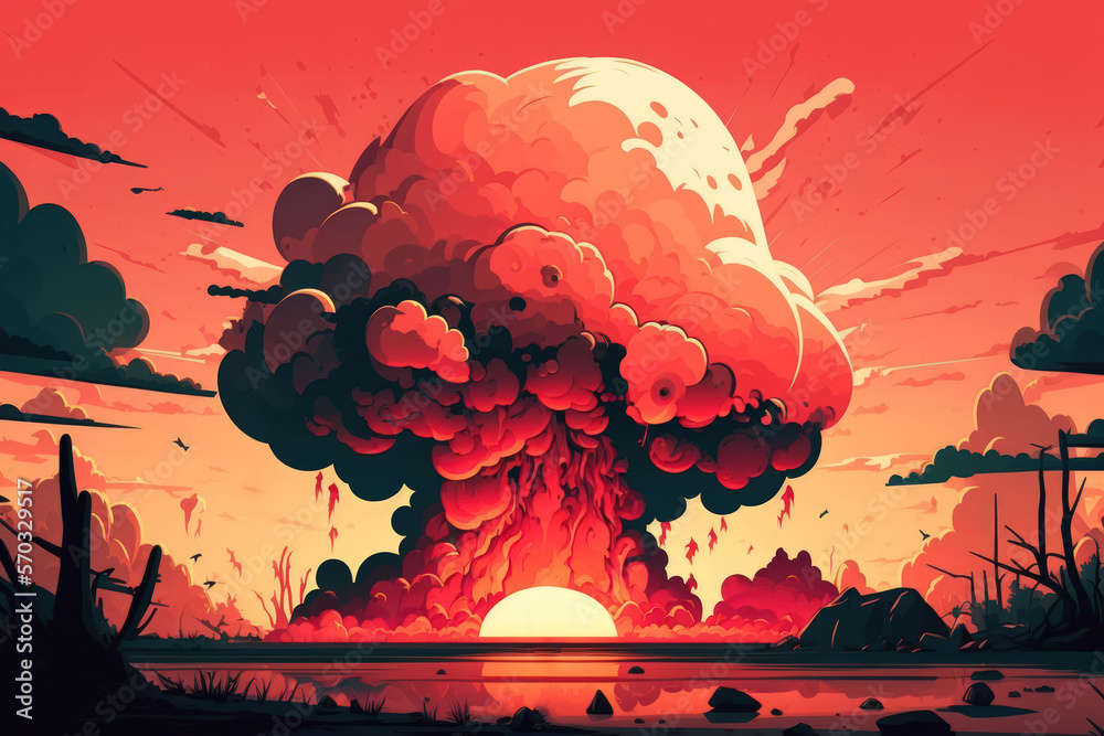 The red sky looked like smoke and fire. bomb Violent explosion ...