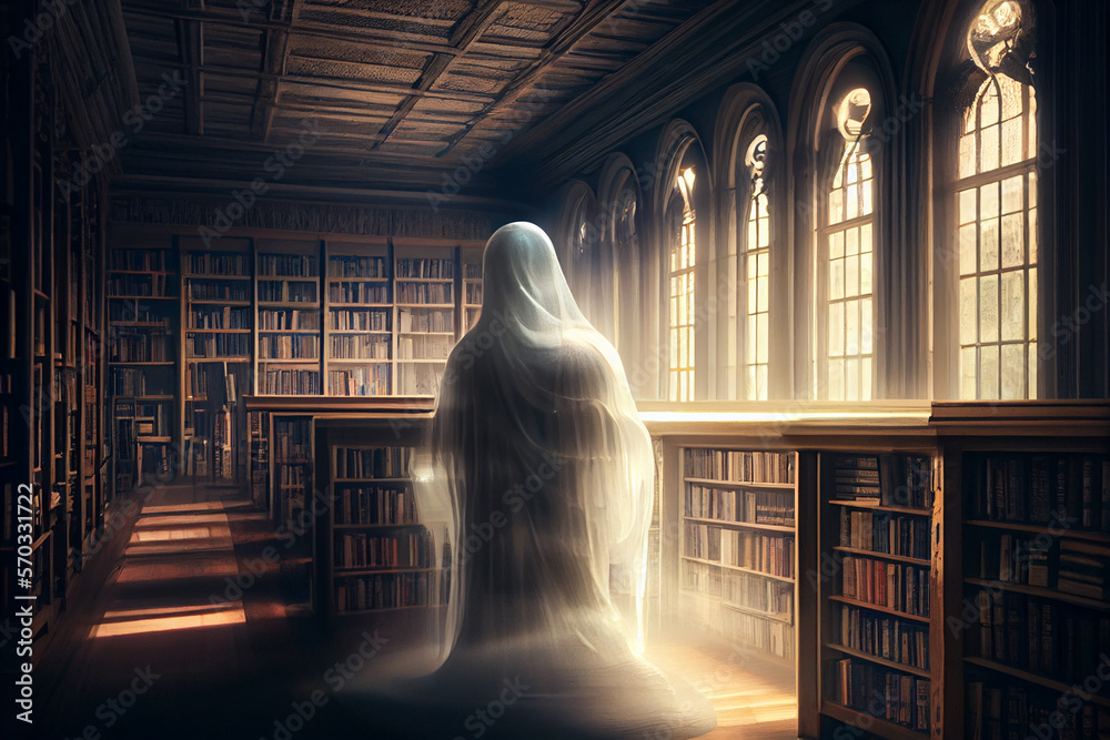 Library ghost. A lonely ghost girl stands in an old abandoned house ...
