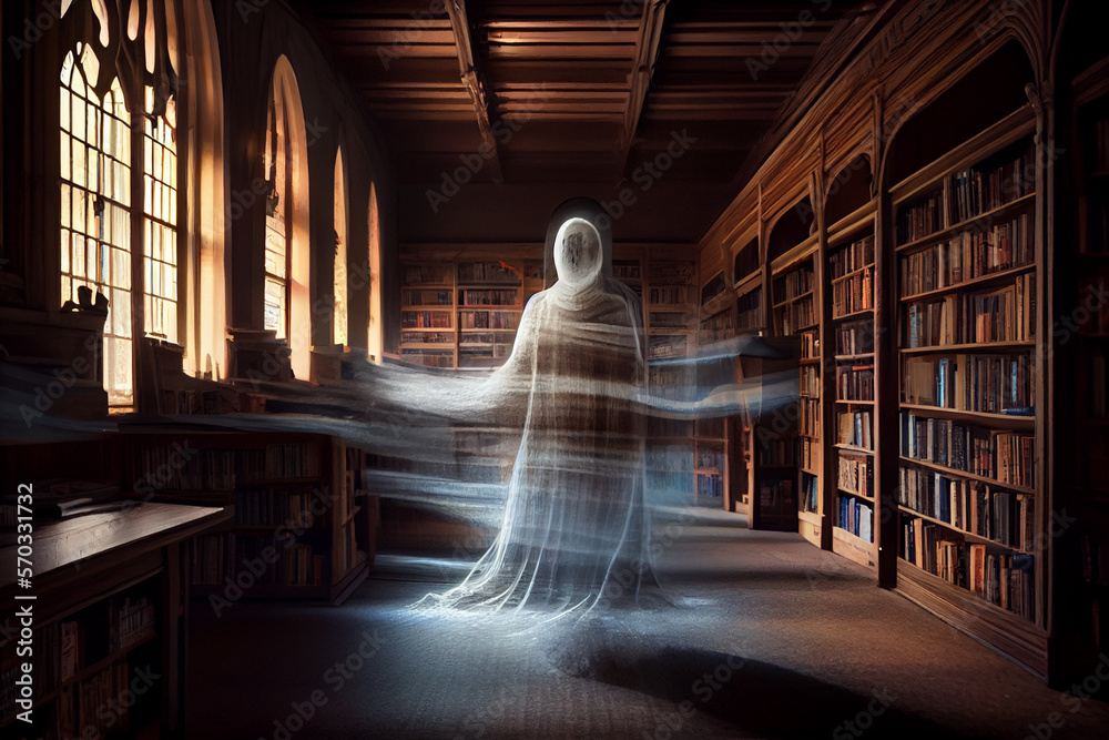 Library ghost. A lonely ghost girl stands in an old abandoned house ...