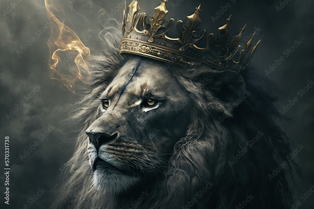 Portrait of a Lion with crown on a head and black smoke. generative ai ...
