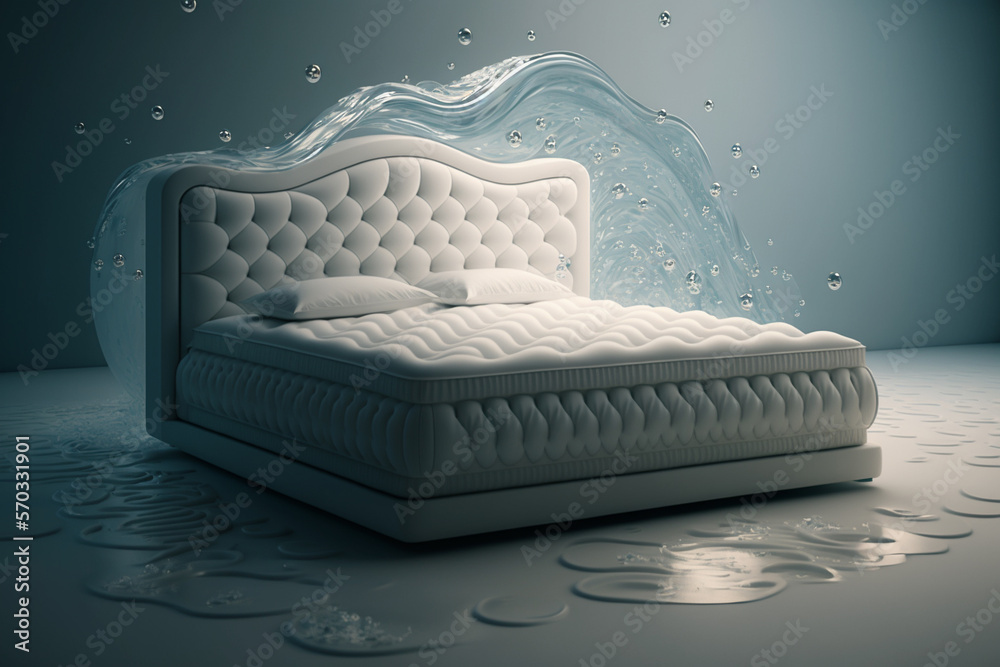 A bed with a mattress in the middle of the room water flowing around it ...