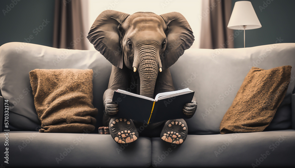 elephant reading book on sofa, learning and knowladge concept ...