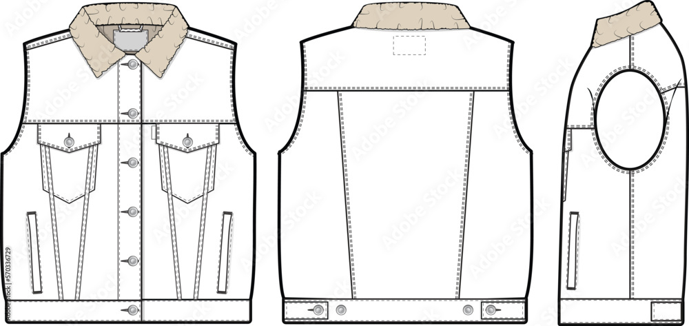 Women sherpa denim vest trucker vector flat technical drawing ...