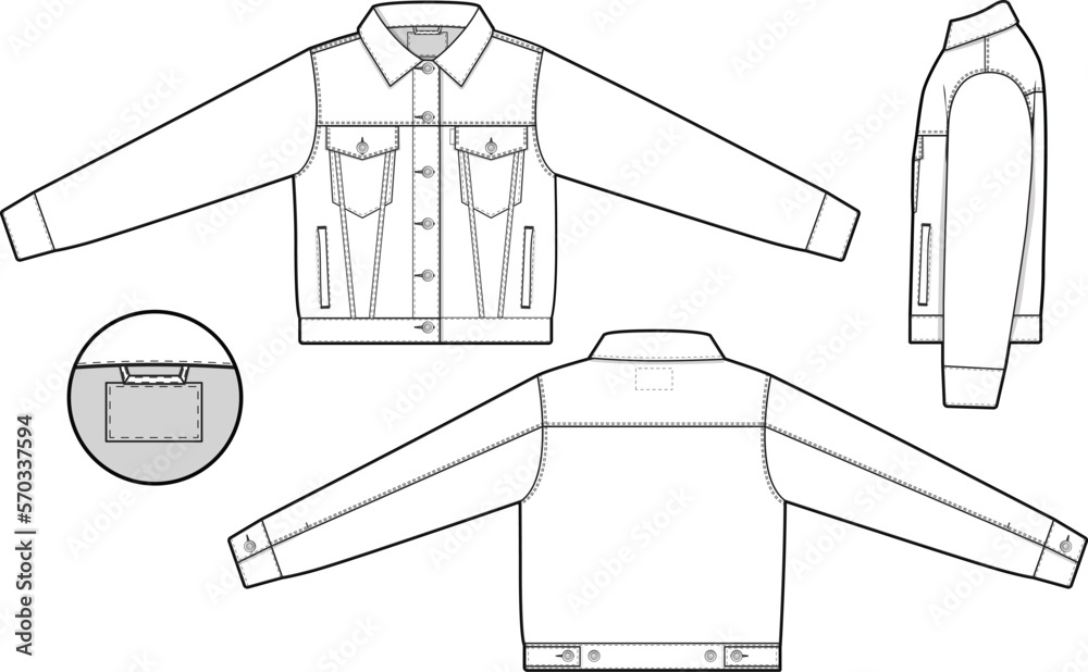 Women cropped denim jean jacket trucker vector flat technical drawing ...