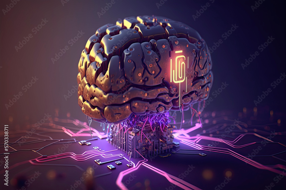 digital artificial intelligence brain with neural connections to a processor and microchips ...