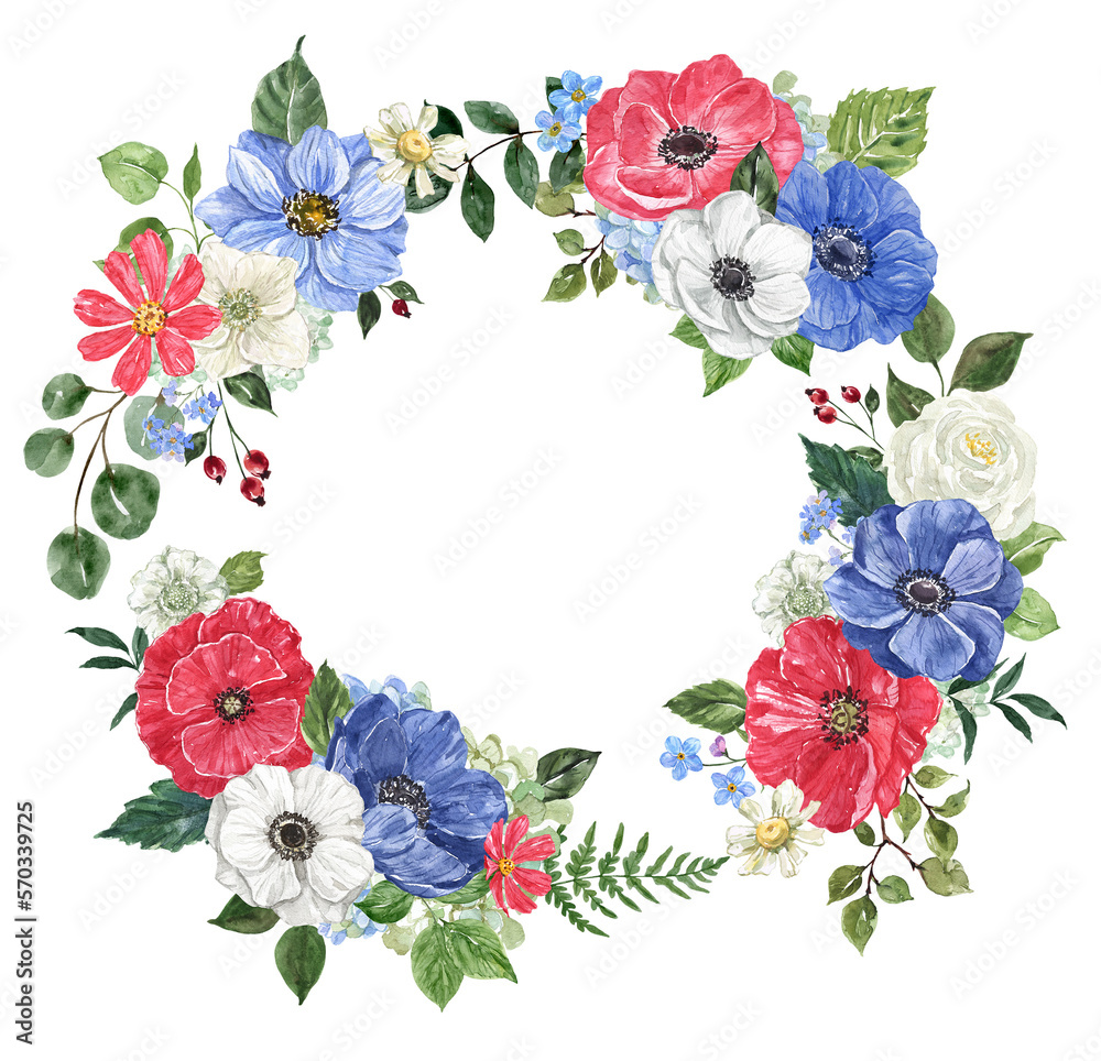 The floral wreath is made of red, white, and blue flowers. Watercolor ...