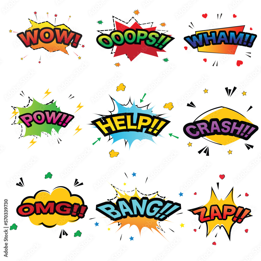 Retro comic speech bubbles are placed on a transparent background. Text ...