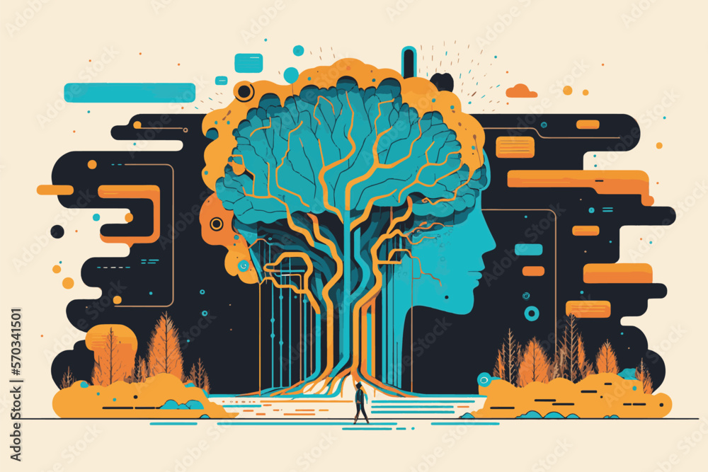 2D flat illustration, AI, analysis, AI, automation, big data, brain ...