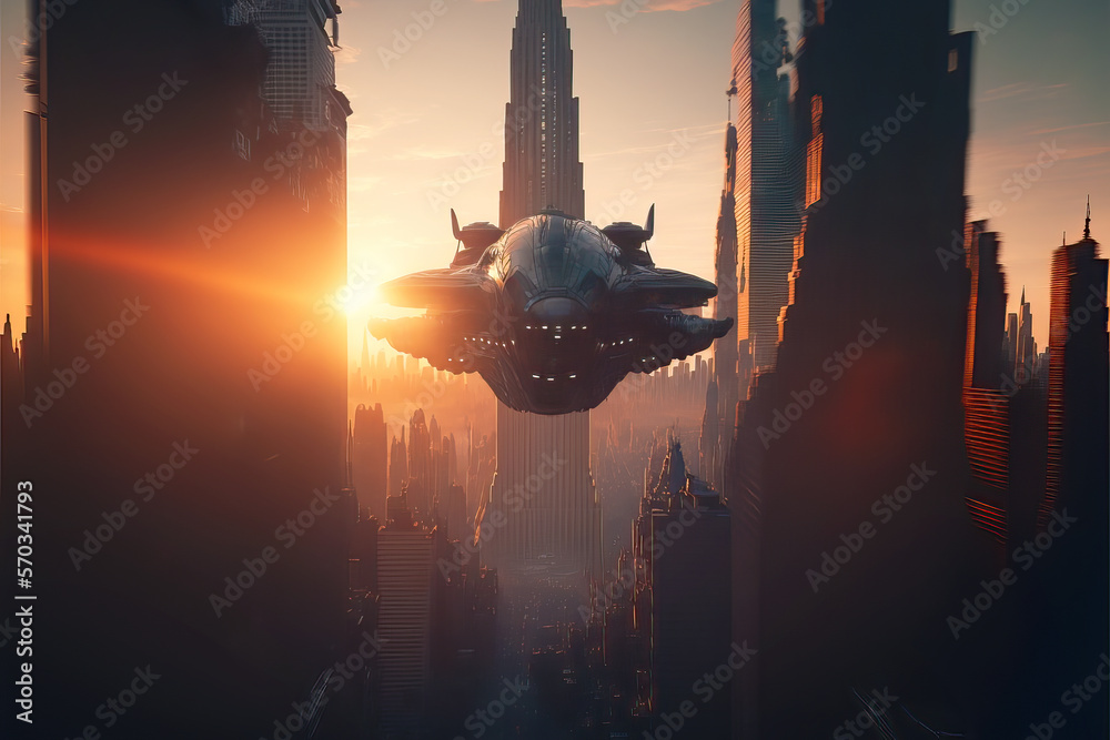 Illustration of an aerial battle with a spacecraft flying over a ...