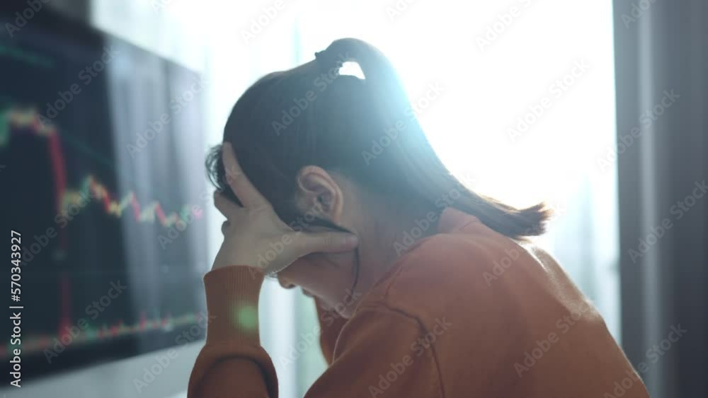 Sad Upset woman after seeing stock prices fall in the trading on ...