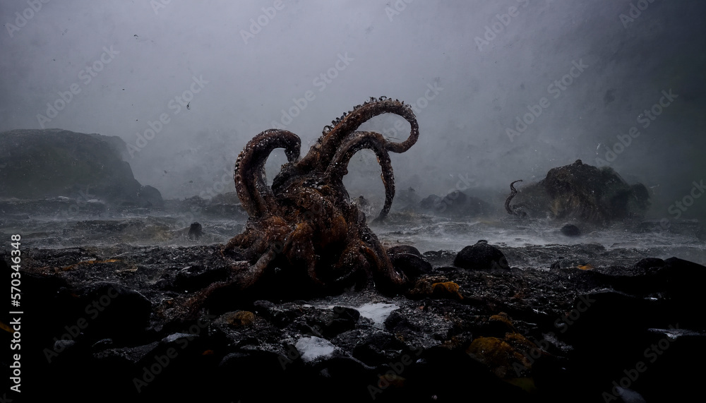 Horror, sea shore with giant octopus, fantasy image, nightmare, sunset ...