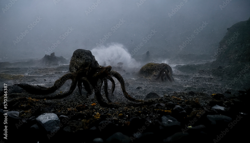 Horror, sea shore with giant octopus, fantasy image, nightmare, sunset ...