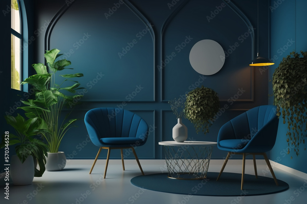 Modern cozy living room and blue wall. Contemporary interior design ...