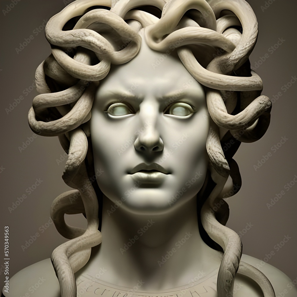 Generative AI image featuring a white marble bust of Medusa, otherwise ...