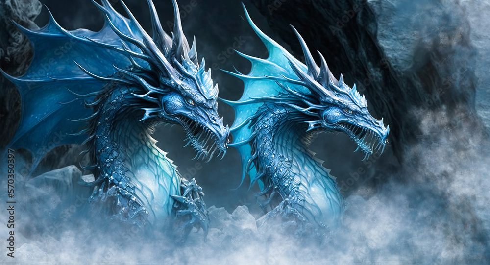 Ilustrace „Beautiful nesting pair of blue Ice dragons, ice and fire close up head images of ...