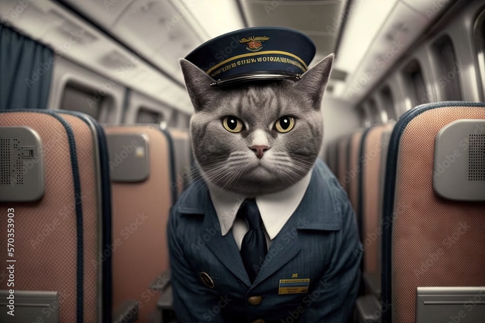 Cat As flight attendant wearing hostess uniform inside plane cabin ...