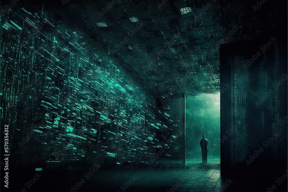 Digital cyberspace: silhouette of a person standing in the middle of ...