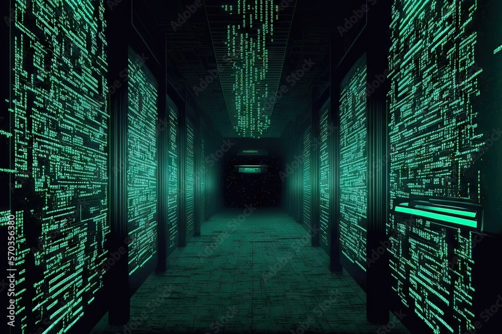 Digital cyberspace: arrays of symbols flying around in matrix style. AI ...