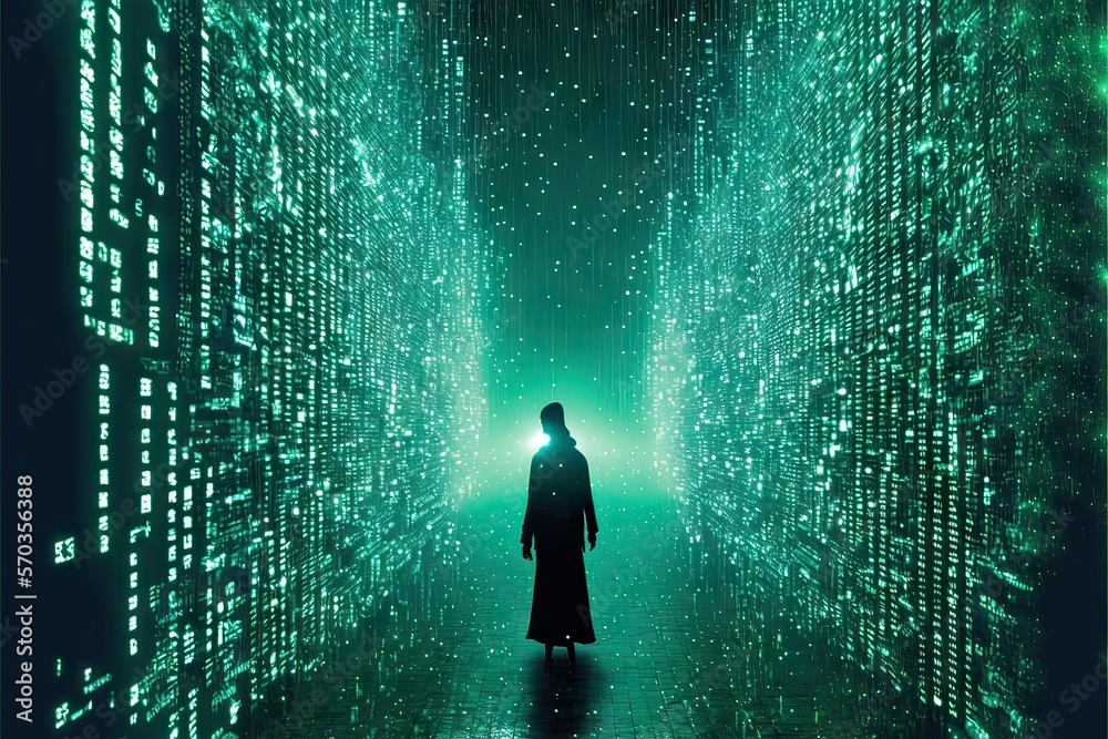 Digital cyberspace: silhouette of a person standing in the middle of ...