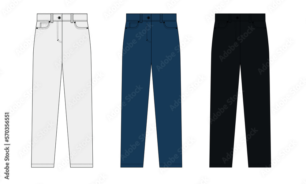Vector set of drawings of classic jeans with five pockets. Outline ...