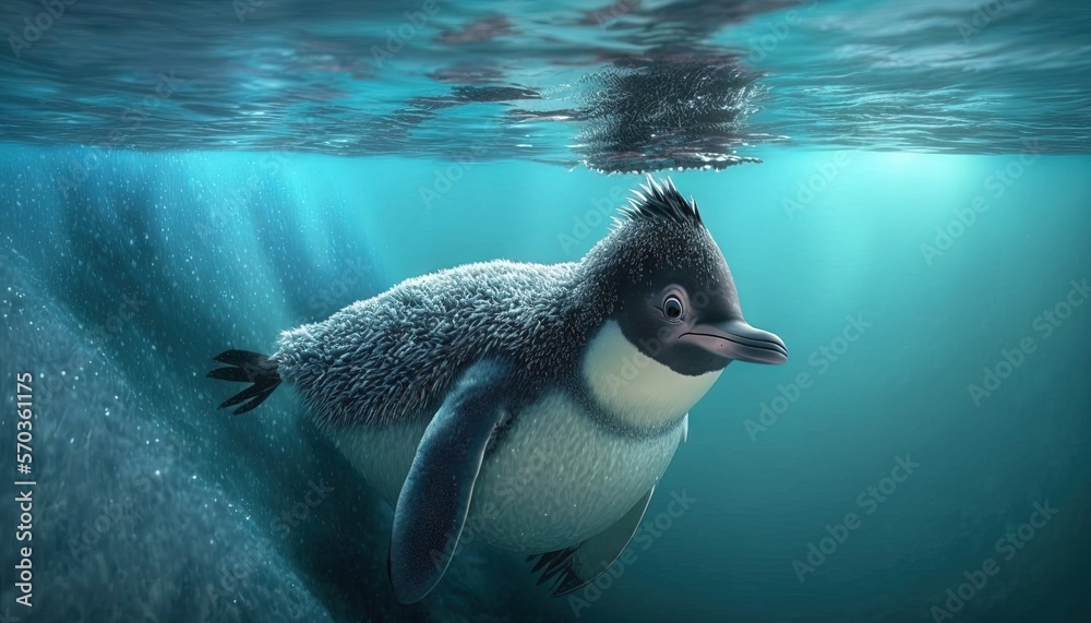 a penguin swimming in the water with a fish above it's head and a fish ...