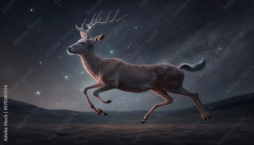 a deer running across a field under a night sky with stars in the sky ...