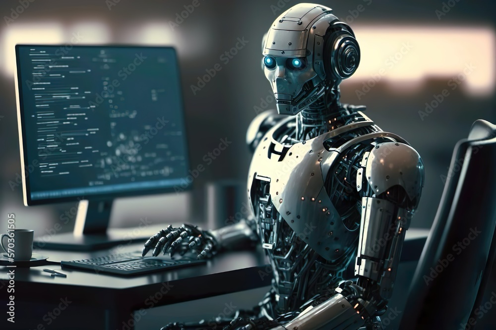 A humanoid robot perches at a table, manipulating a computer to function as an artificial ...