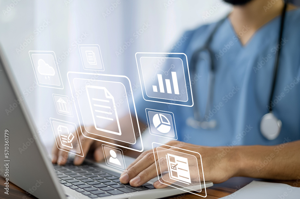 Doctor using computer working in hospital, Doctor using computer ...