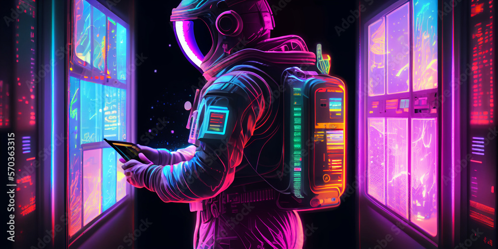 Retrowave Neon 3D illustration of space suit wearing male figure ...