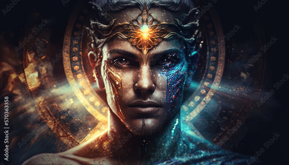 Abstract of an ancient male face showing connecting energy to past and ...