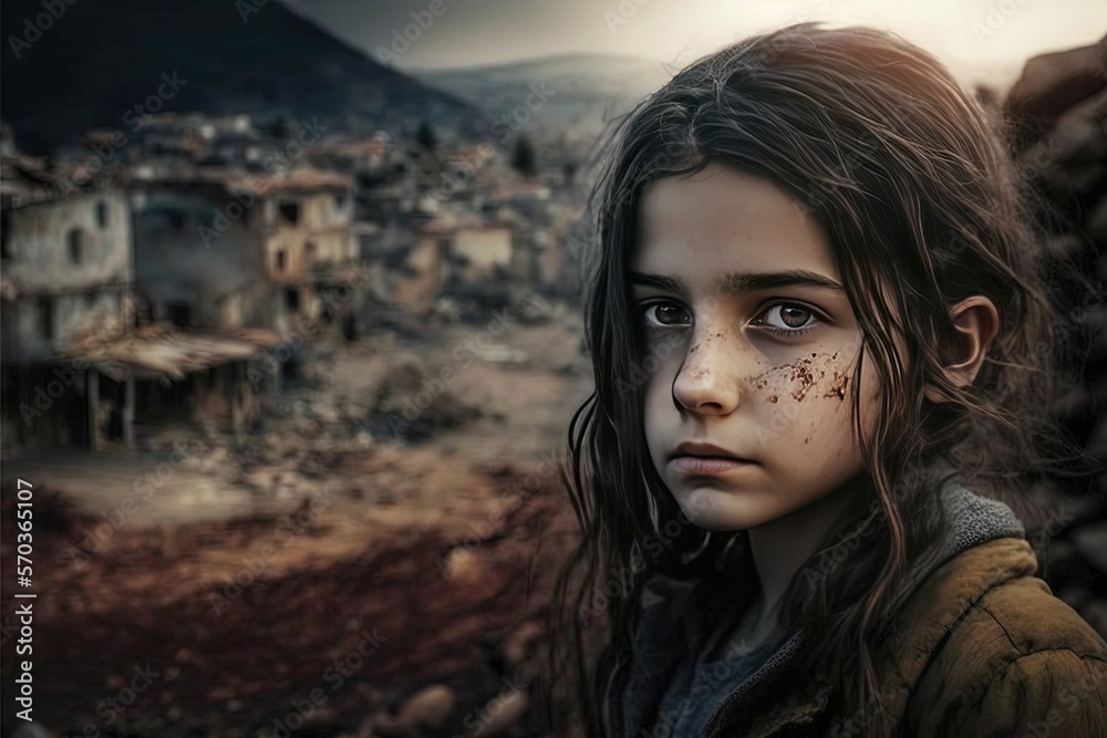 Ilustrace „a sad girl standing in front of collapse buildings area ...