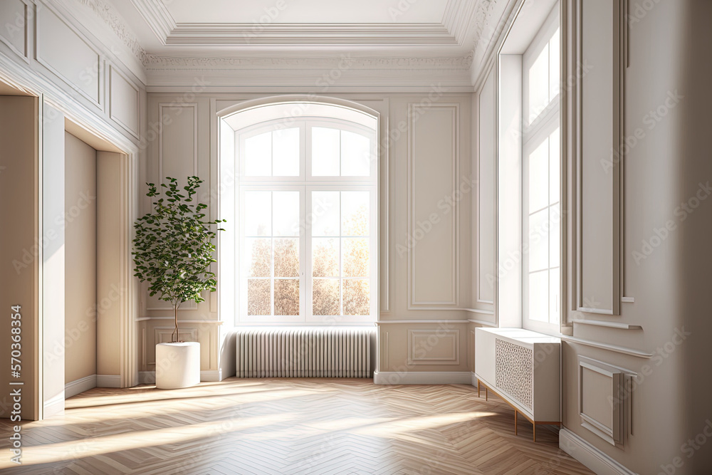Mockup Interior with Beige Walls, White Ceiling and Cornice, Glossy ...