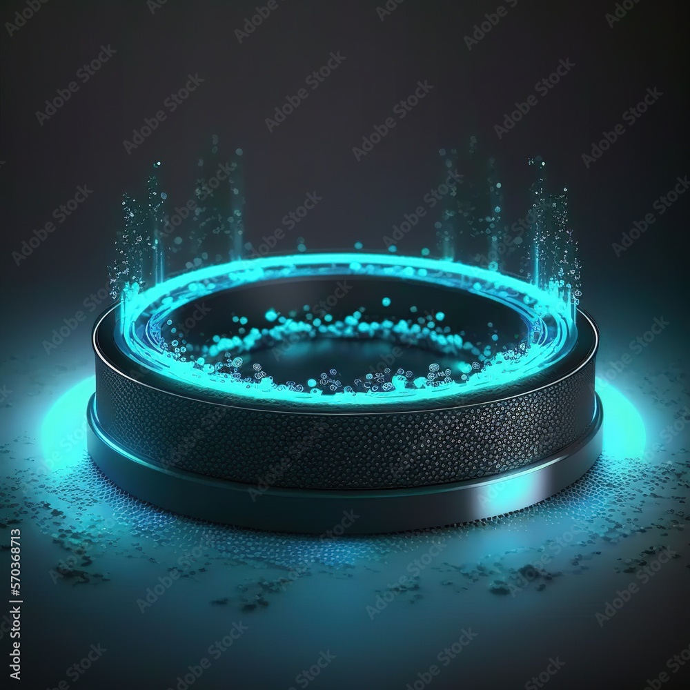 Technological podium of the future. Neon glowing ring on particle floor ...