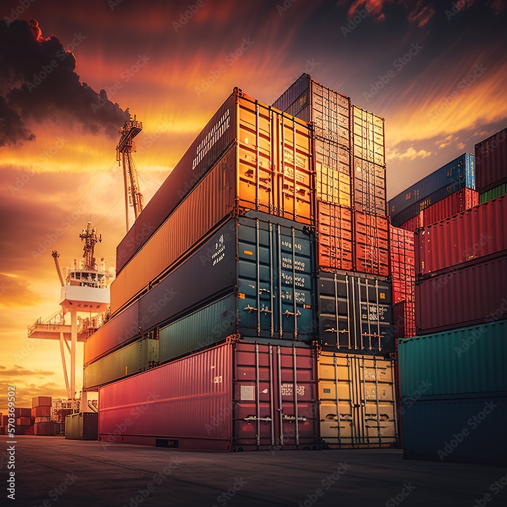 Container stacker crane lifting up stacking container box in yard ...