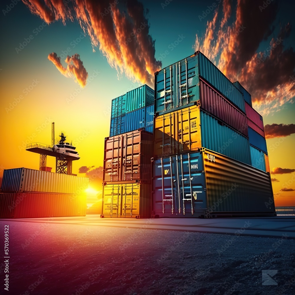 Container stacker crane lifting up stacking container box in yard ...