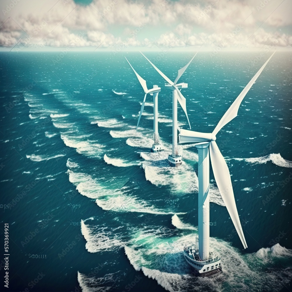 Wind Farm on the Sea. In the ocean, there is a windmill farm. In the ...