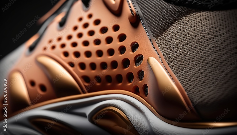 a close up of a shoe with a metallic design on the side of the shoe and ...