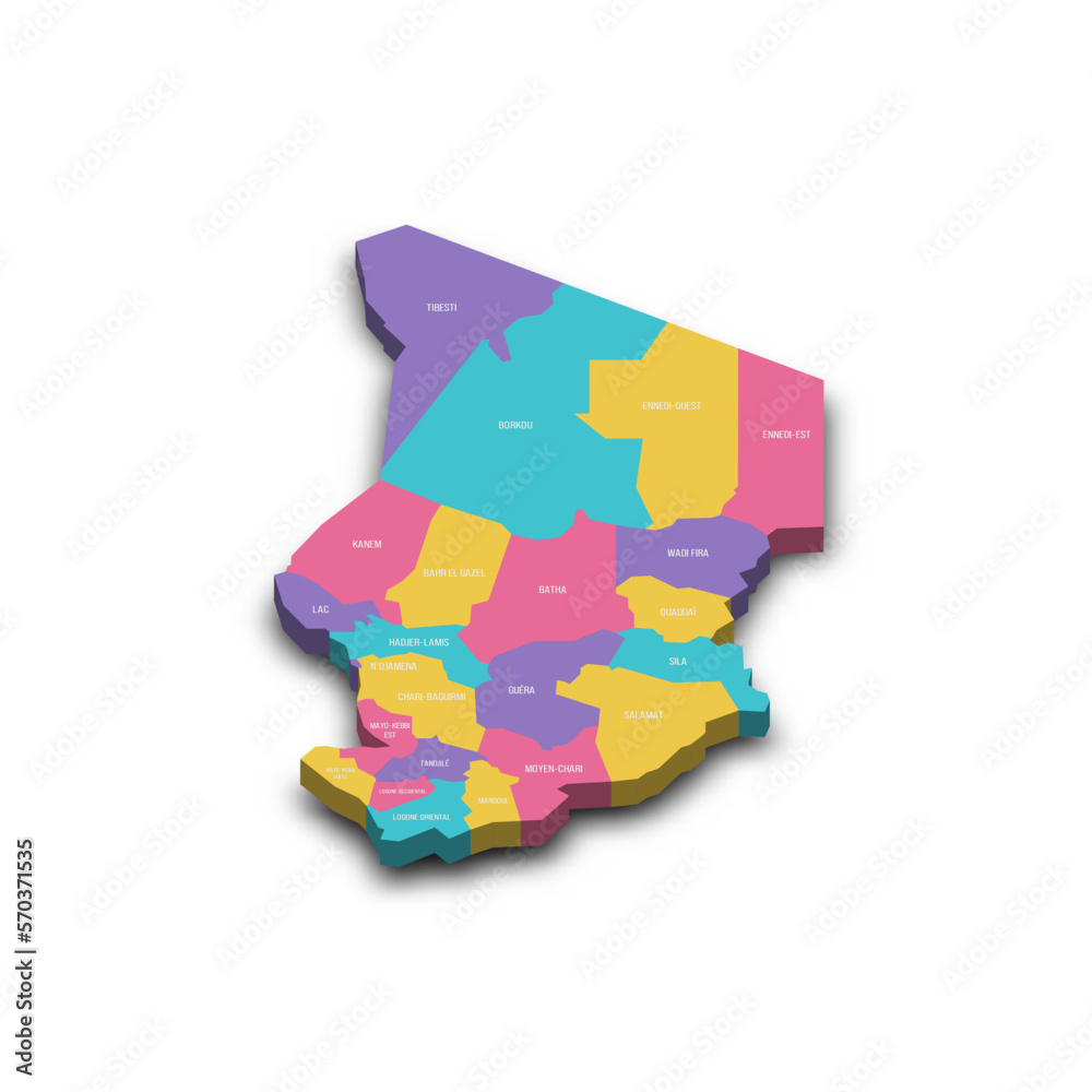 Chad political map of administrative divisions - regions. Colorful 3D vector map with dropped ...