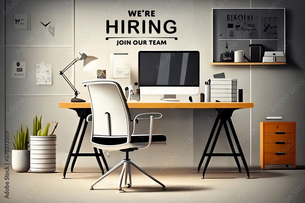 Modern Office desk with computer and chair with we are hiring sign ...