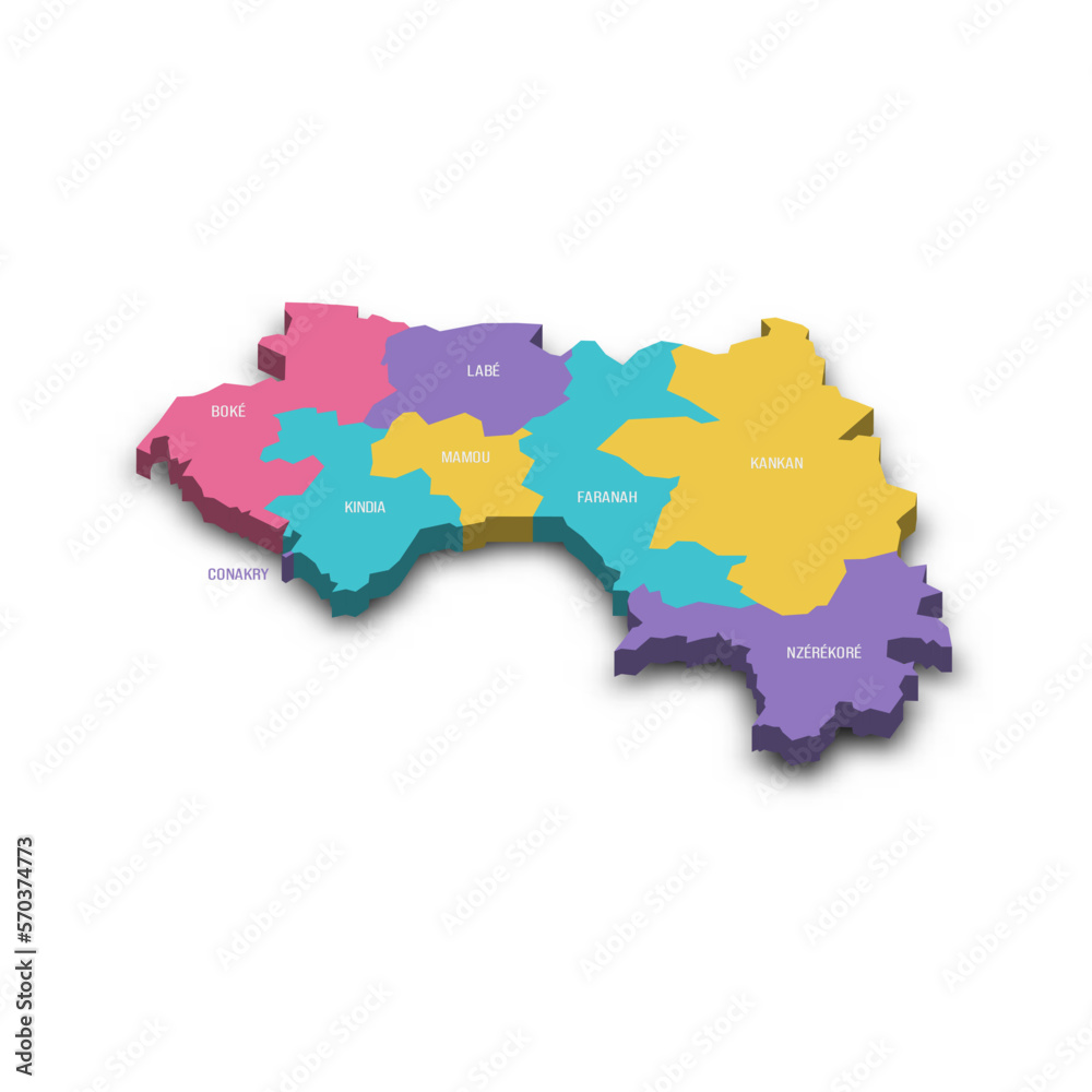 Guinea political map of administrative divisions - regions. Colorful 3D ...