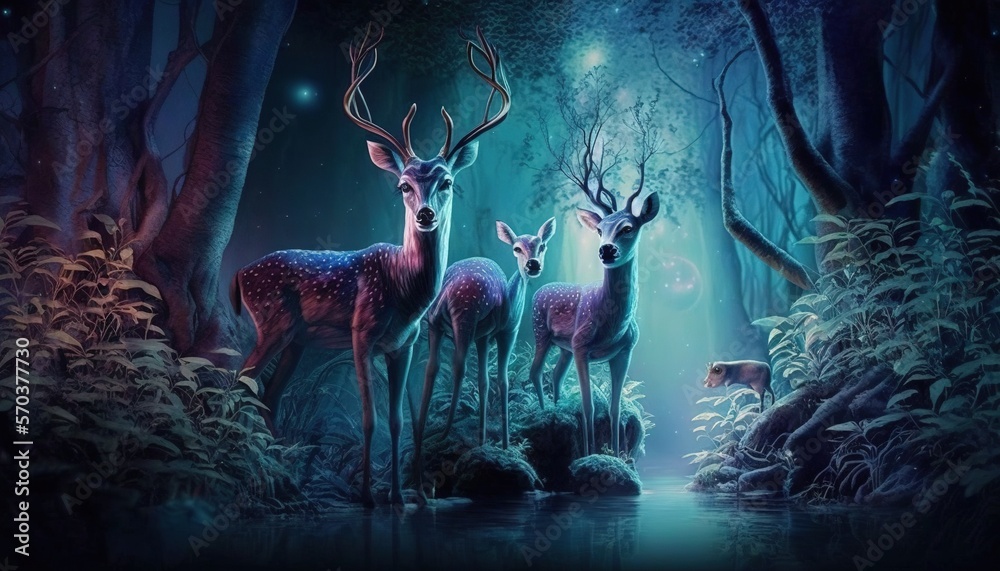 a painting of two deer in a forest at night with stars and moon in the ...