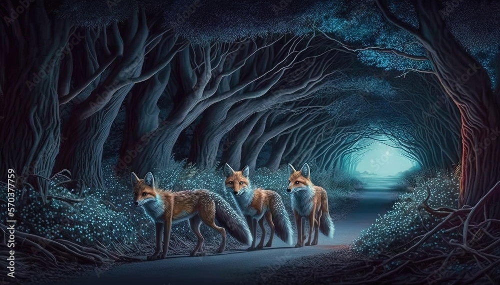 a painting of three foxes in a dark forest with a light at the end of ...