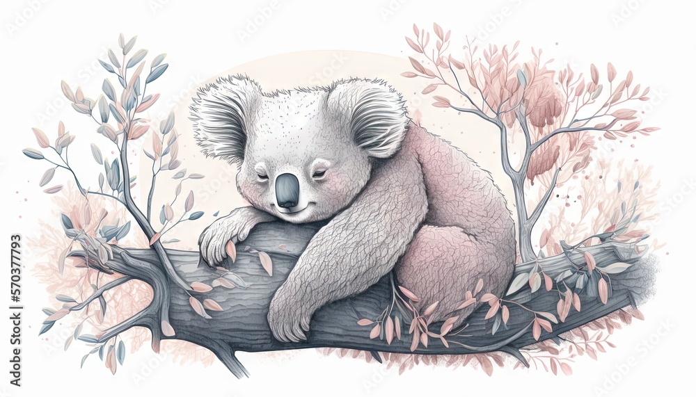 a drawing of a koala sitting on a tree branch with its head on the ...