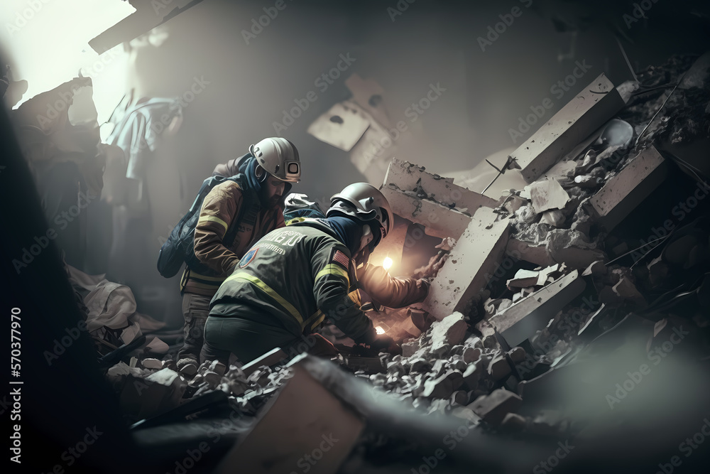 Rescue service man in helmet clears rubble of house after natural ...