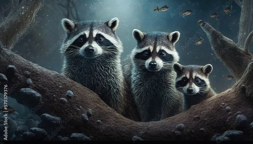 three raccoons are standing in the middle of a tree branch in a forest ...