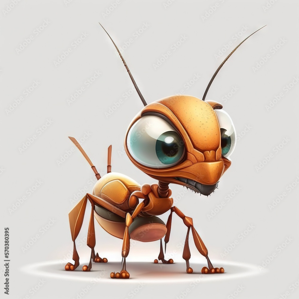 a cartoon ant bug with big eyes on a white background with a gray ...