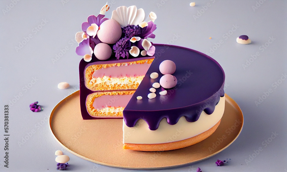 3D Birthday cake with decoration. Violet cake emoji. Party surprise ...