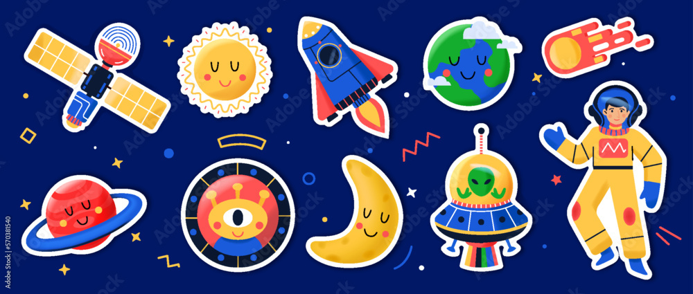 cartoon stickers with space, universe. vector illustration. stickers ...
