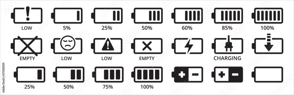 Vetor de Battery icon set. Battery charging level sign. Charge ...